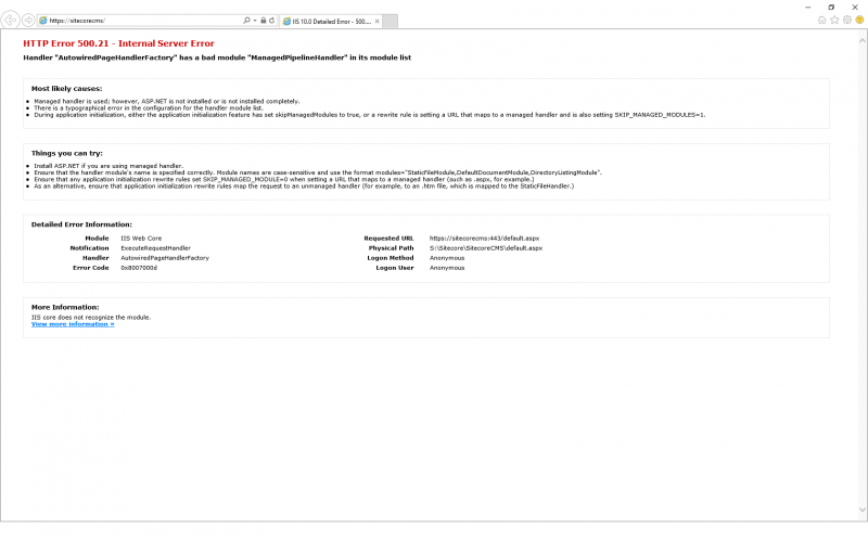 Sitecore 9 Error 50021 Bad Module Managedpipelinehandler” In Its Module List